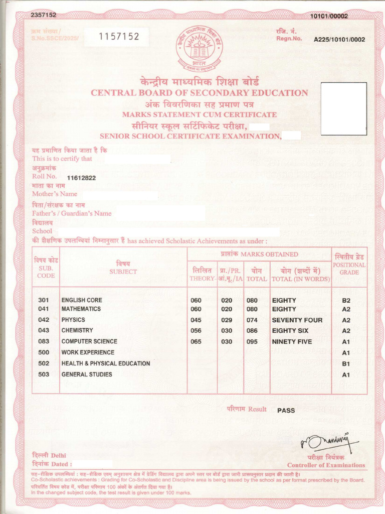 CBSC 12th Marks Sheet Arush Baranwal | PDF