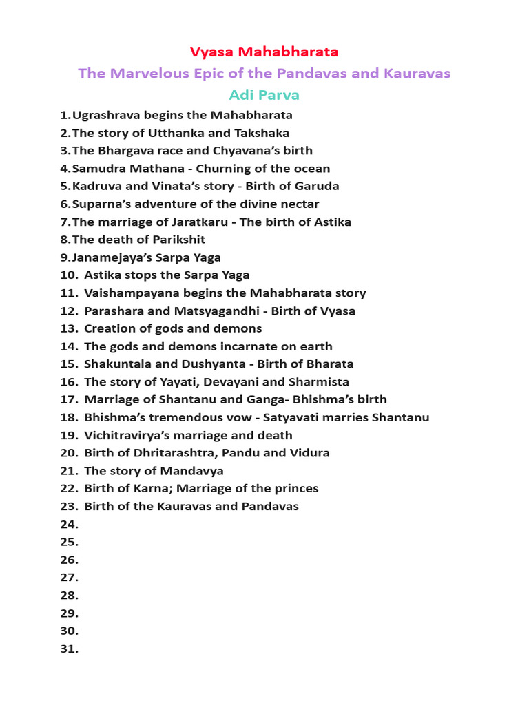 Vyasa Mahabharata The Marvelous Epic of The Pandavas and Kauravas | PDF