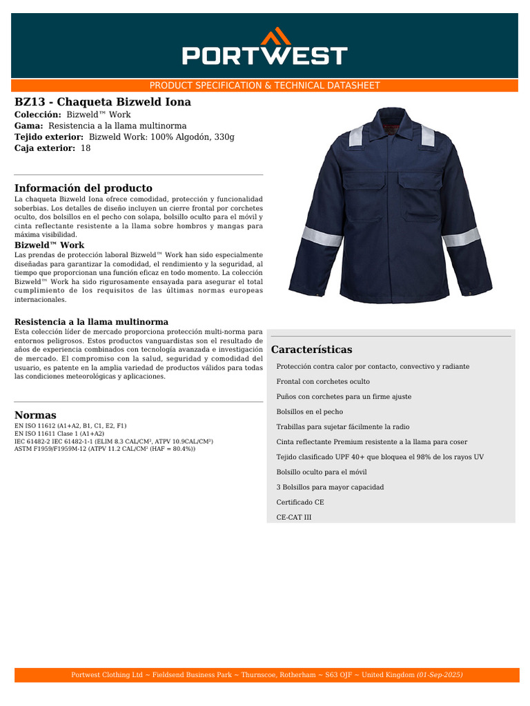 Camisa Portwest BZ13 Chaqueta Bizweld Iona Ficha Tecnica | PDF | Ropa | Moda