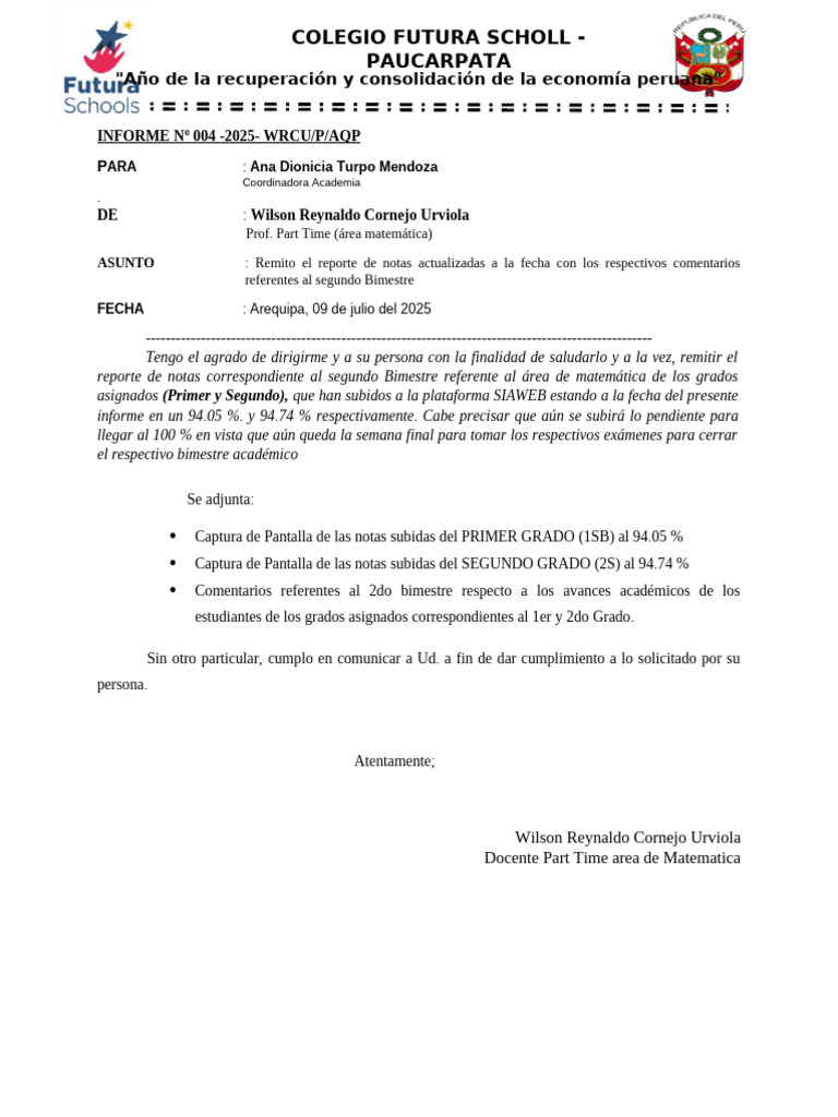 Informe de Notas 2do Bimestre Matemática | PDF