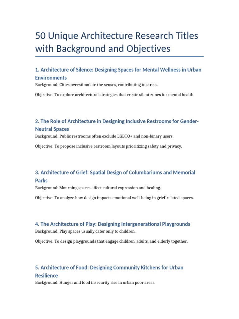 Unique Architecture Research Titles | PDF | City | Mental Health