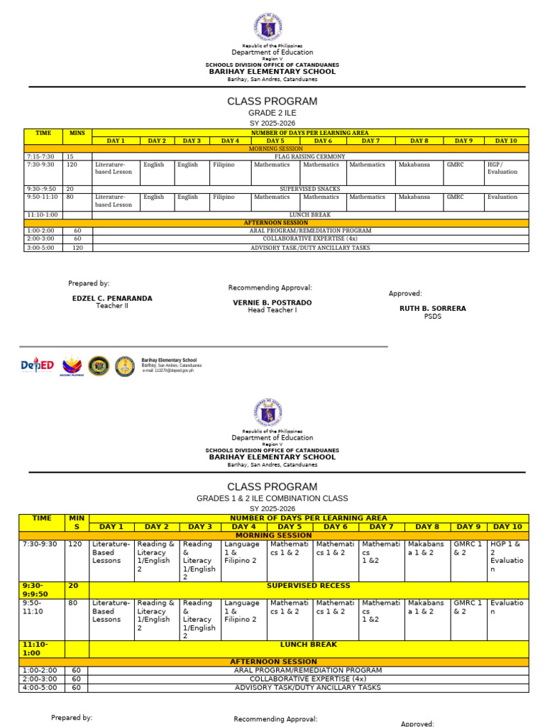 Barihay Elementary School Class Program 2025-2026 | PDF | Schools ...