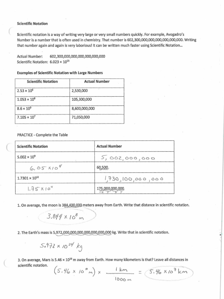 4.1 - Handout - Scientific Notation - SOLUTIONS | PDF | Mathematical Notation | Numbers