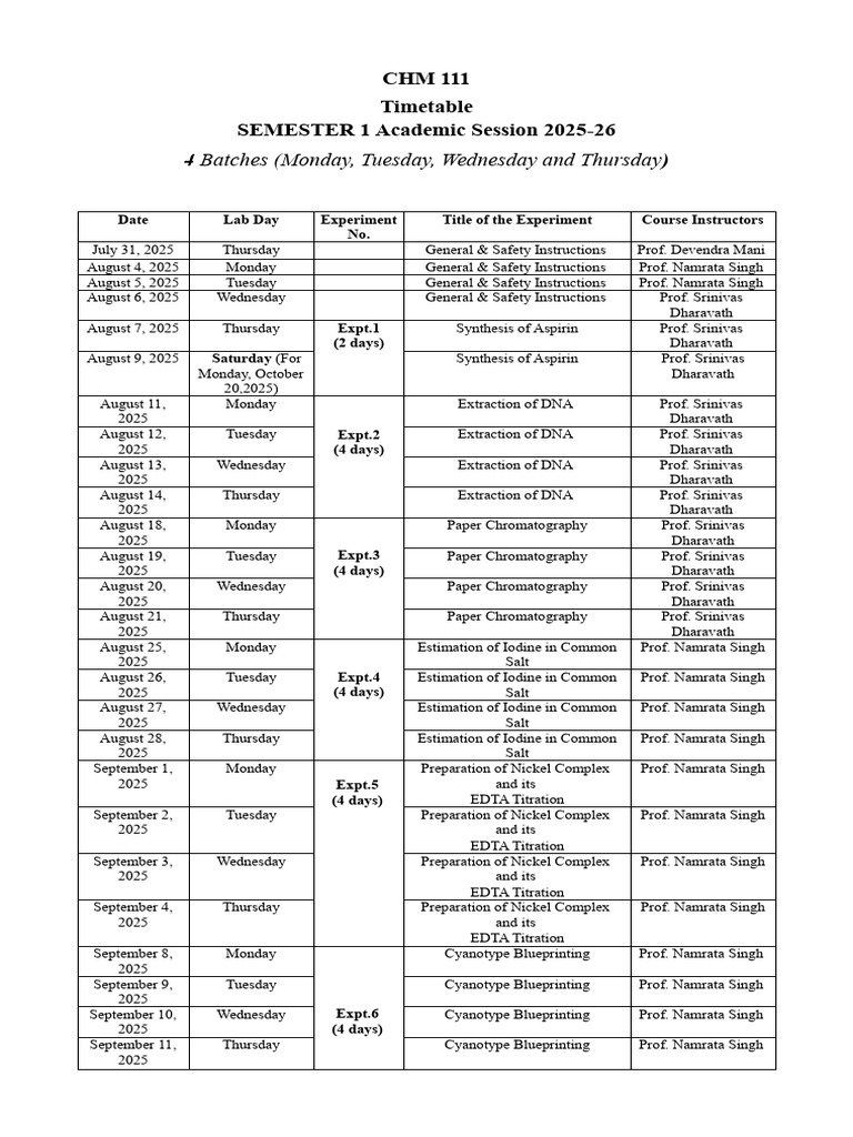 Timetable CHM111 2025-26-I | PDF | Instrumental Analysis | Titration