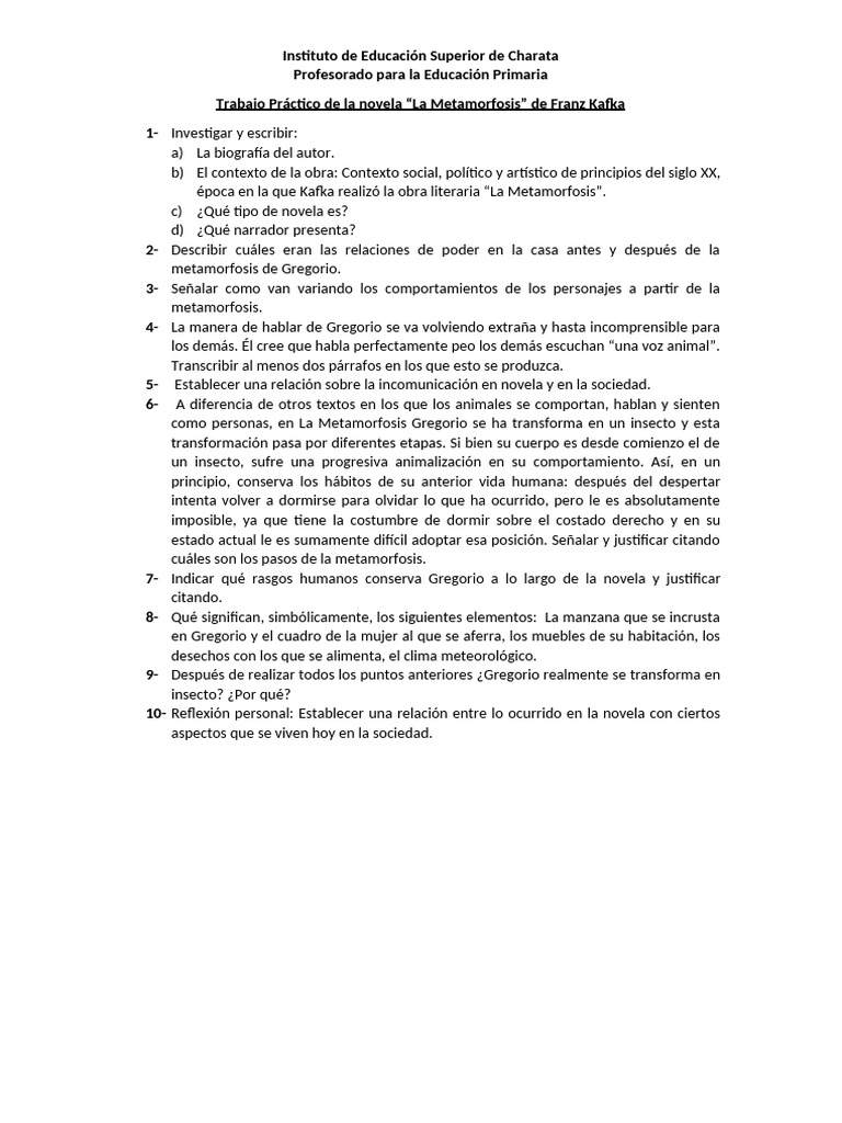 Trabajo Práctico de La Metamorfosis | PDF