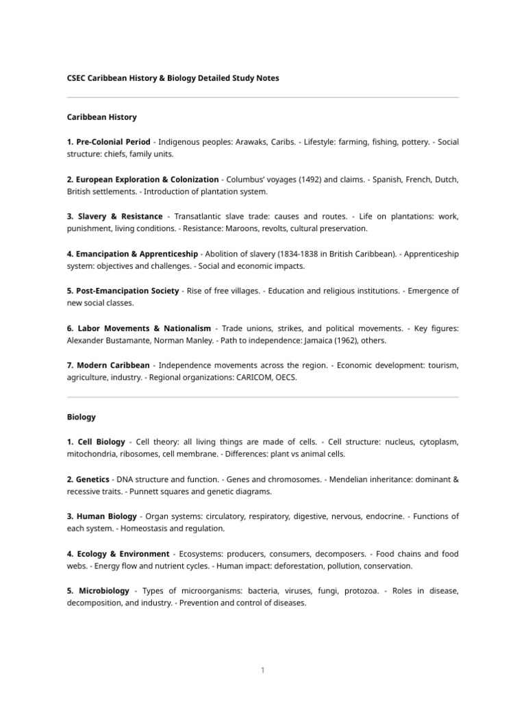 Csec Caribbeanhistory Biology Notes | PDF | Biology | Cell (Biology)