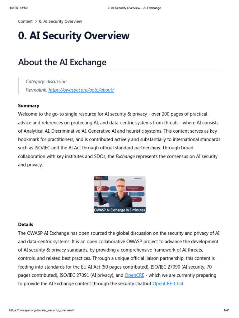 OWASP. AI Security Overview - AI Exchange | PDF | Risk Management | Risk