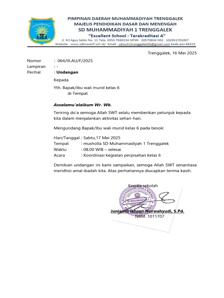 Undangan Perpisahan Kelas 6 SD Muhammadiyah | PDF