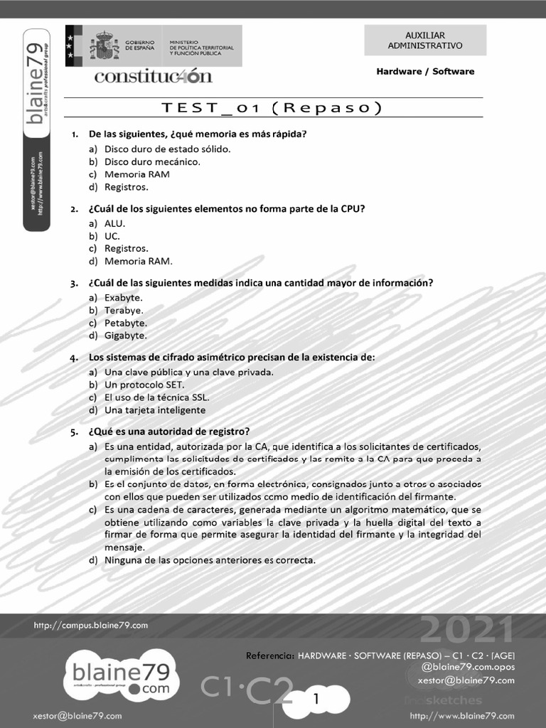 HARDWARE - SOFTWARE - TEST - 01 (Repaso) AGE - C1 C2 (40 Preguntas) | PDF