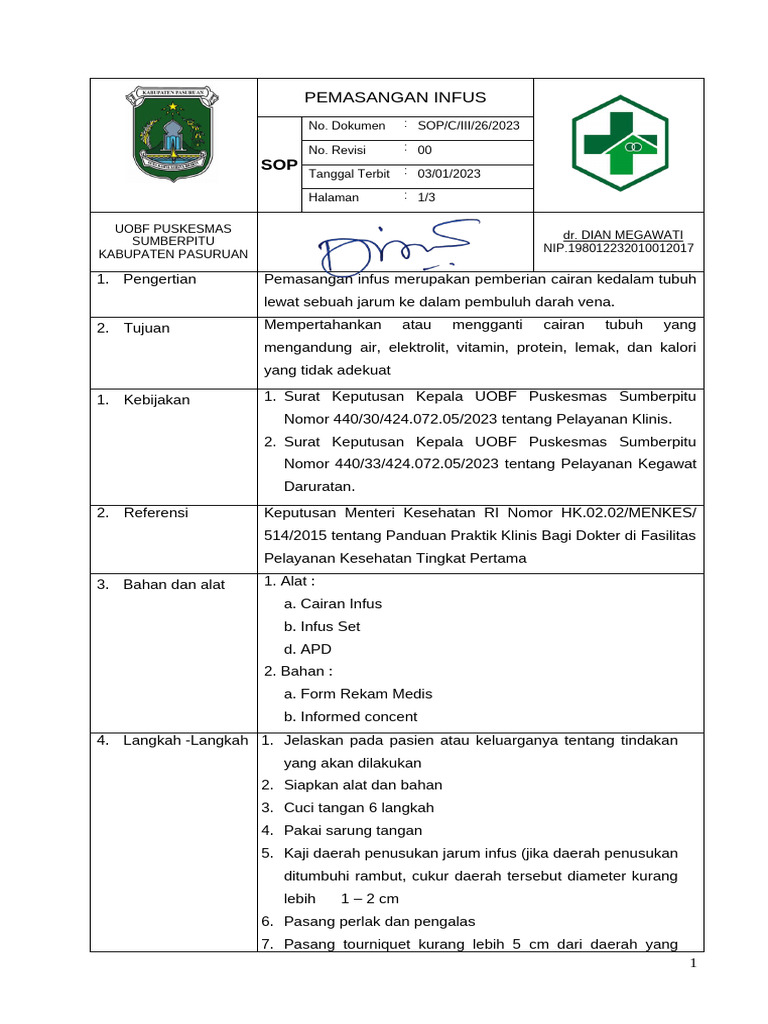 Prosedur Pemasangan Infus di Puskesmas | PDF
