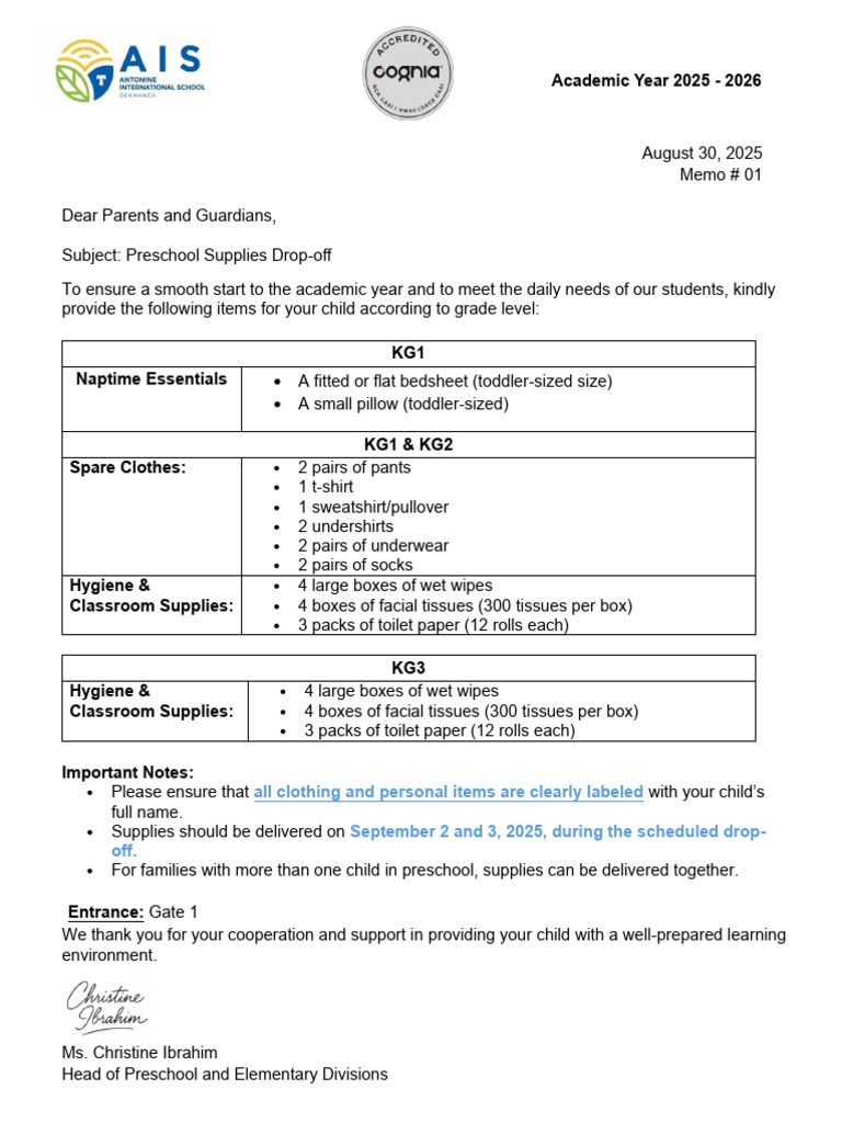 Preschool Supplies Drop-off 2025-2026 | PDF
