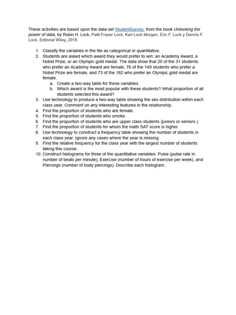 Student Survey Data Analysis Activities | PDF