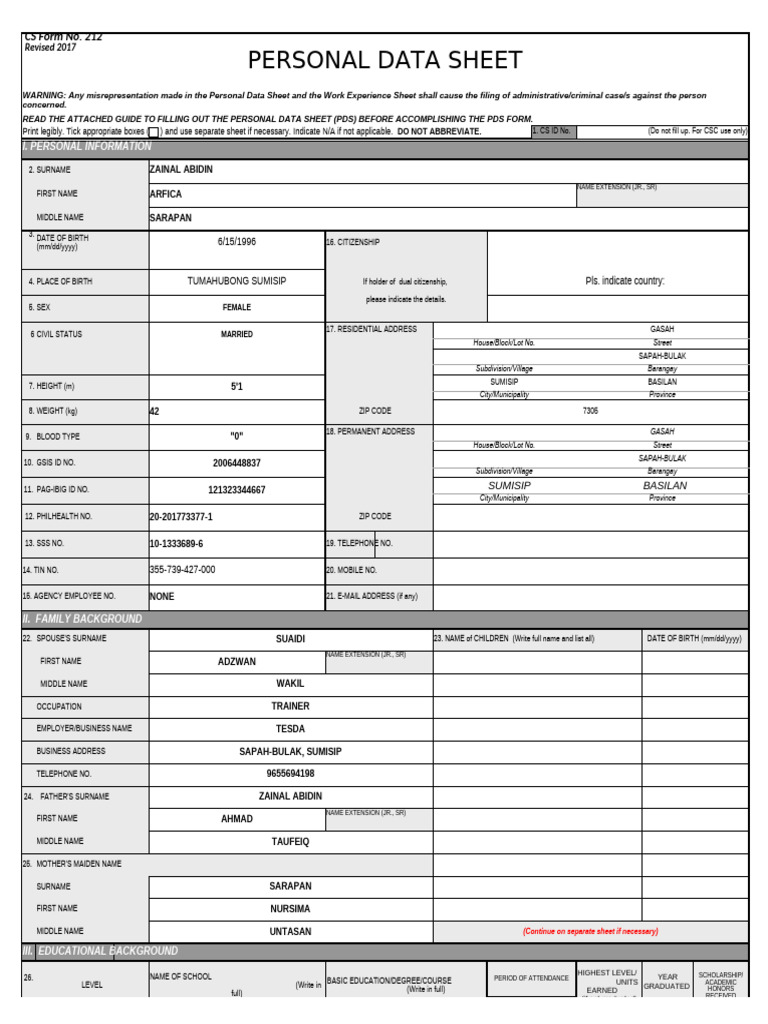 Personal Data Sheet (PDS) Template | PDF | Government | Justice