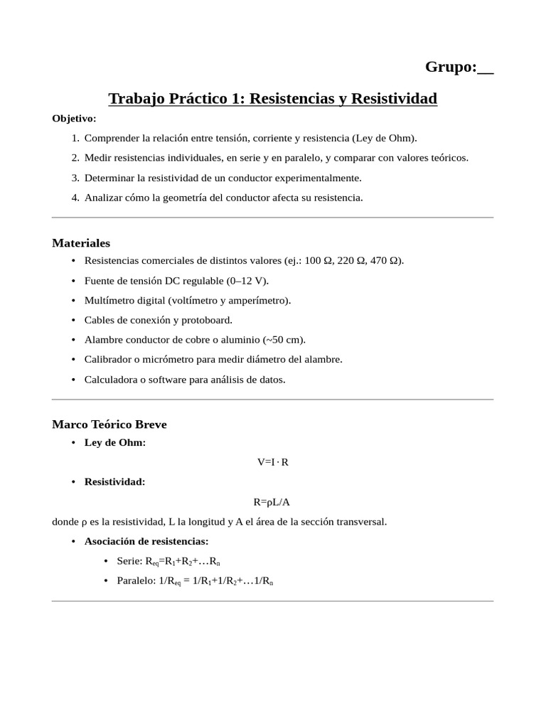 TP1 Electrotecnia | PDF | Resistencia Eléctrica y Conductancia | Medición