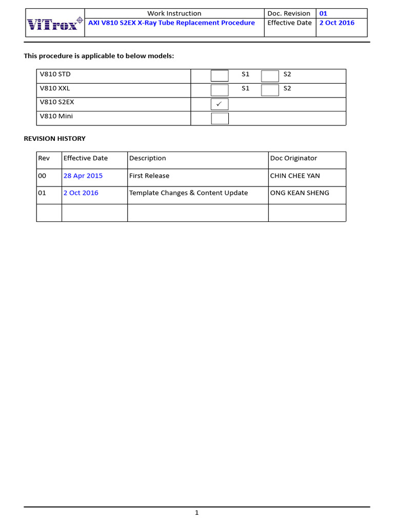 AXI V810 S2EX X-Ray Tube Replacement Procedure REV 01 | PDF | X Ray
