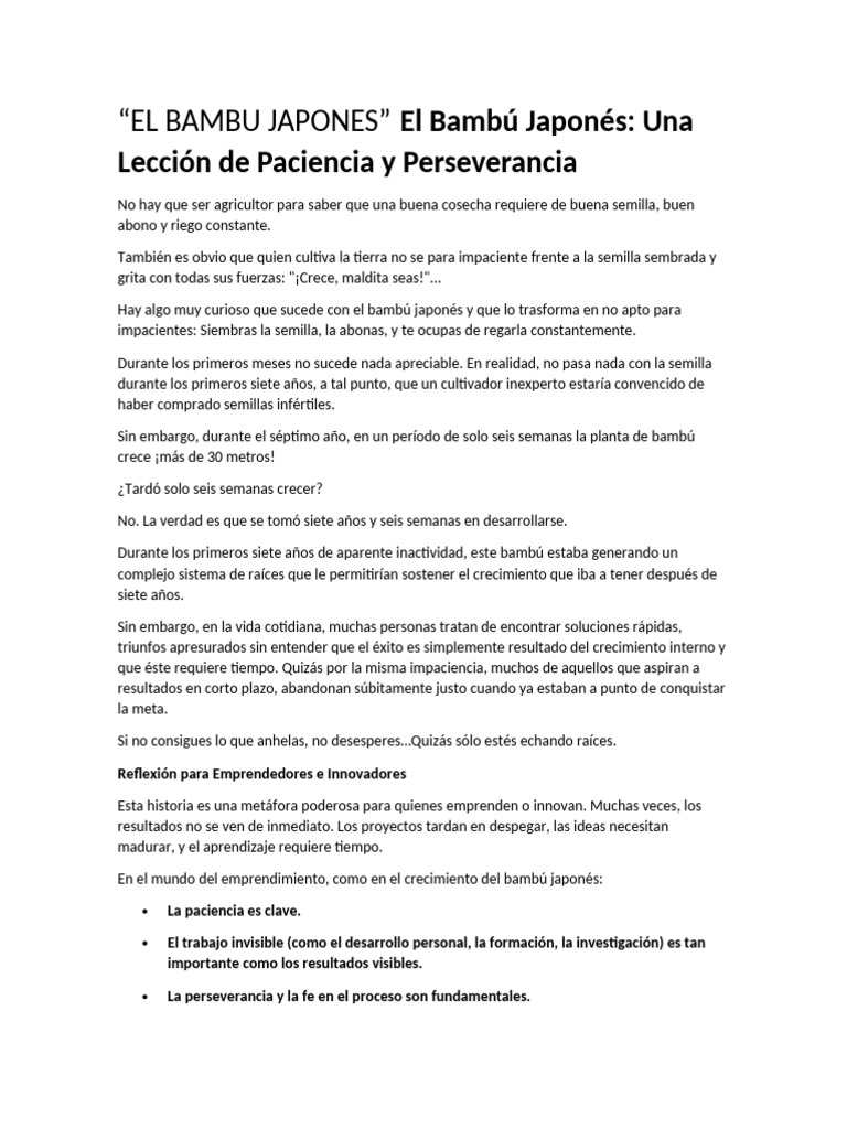 Lecciones del Bambú Japonés en Emprendimiento | PDF
