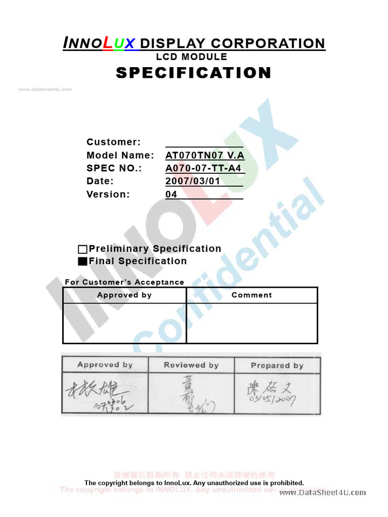 AT070TN07VA Innolux | PDF | Liquid Crystal Display | Detector (Radio)