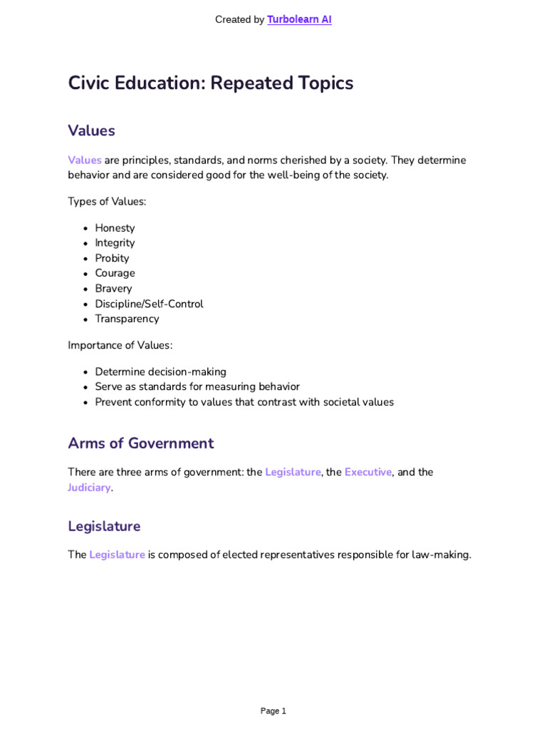 Civic Education: Repeated Topics: Values | PDF | Legislature | Hiv/Aids