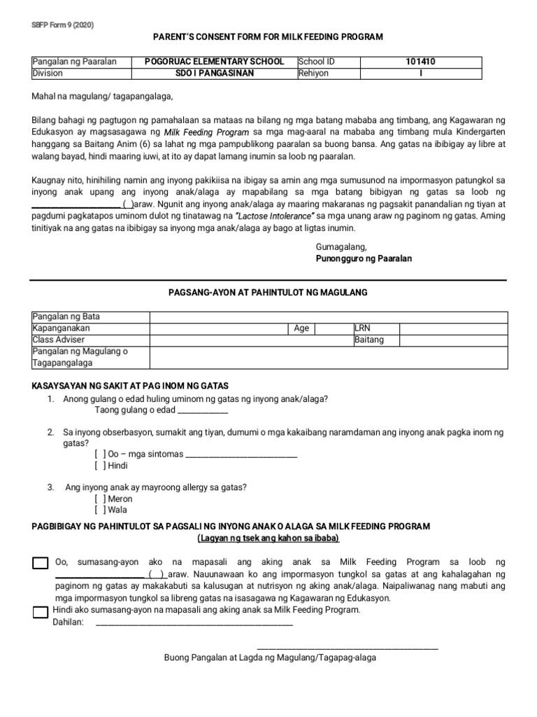 SBFP Form 9 Parents Consent Form For Milk Feeding Program 2024 2025 | PDF