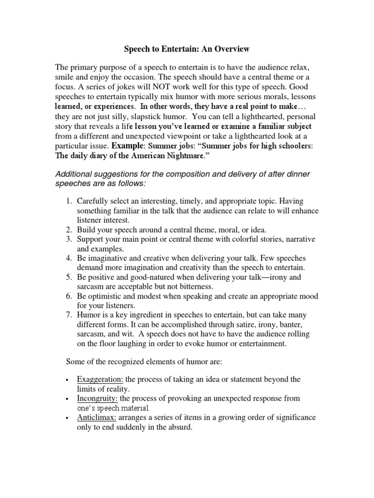 Speech To Entertain Resources | PDF | Public Speaking | Humour