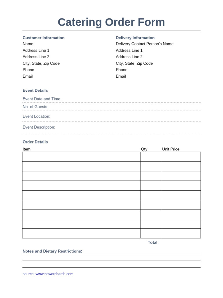 Blank Catering Order Form Template | PDF