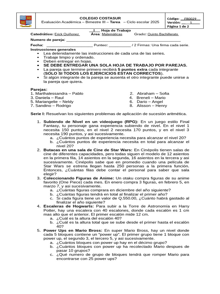 Hoja de Trabajo para Estudiantes de Quitno Bachillerato | PDF