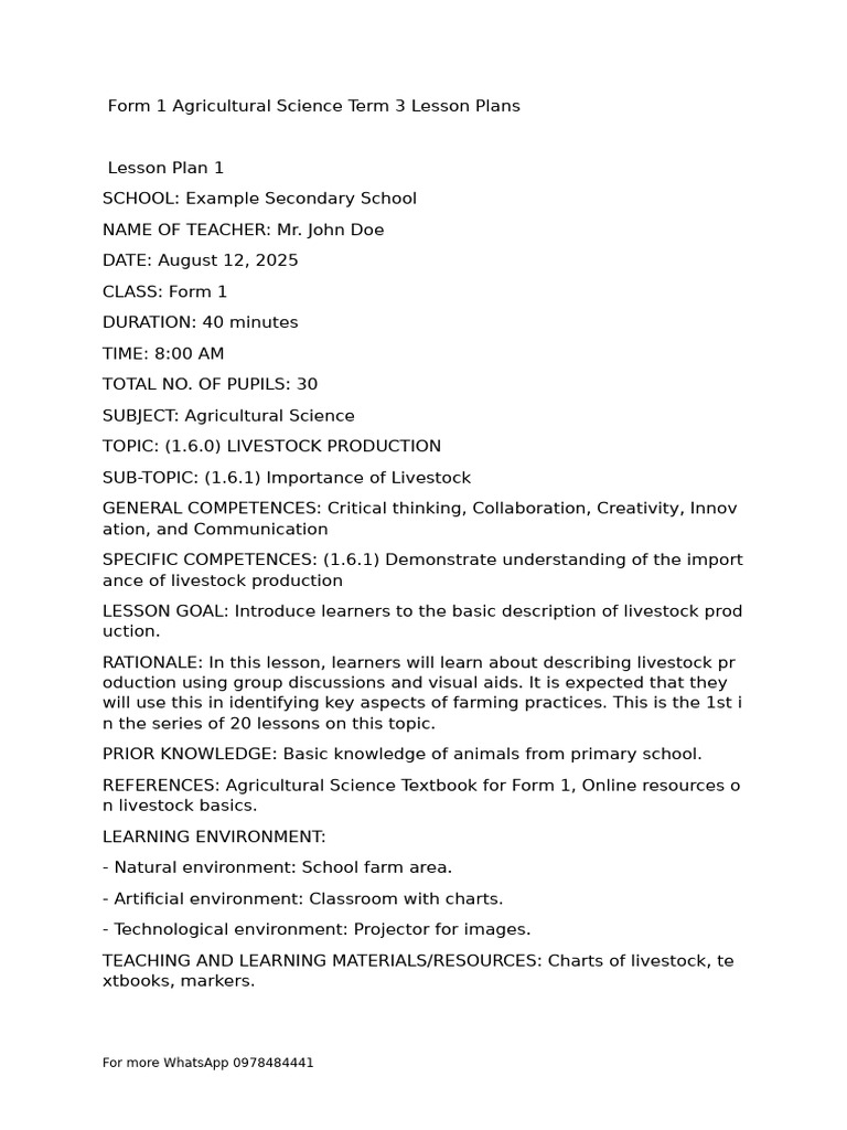 Form 1 Agricultural Science Plans | PDF | Lesson Plan | Learning