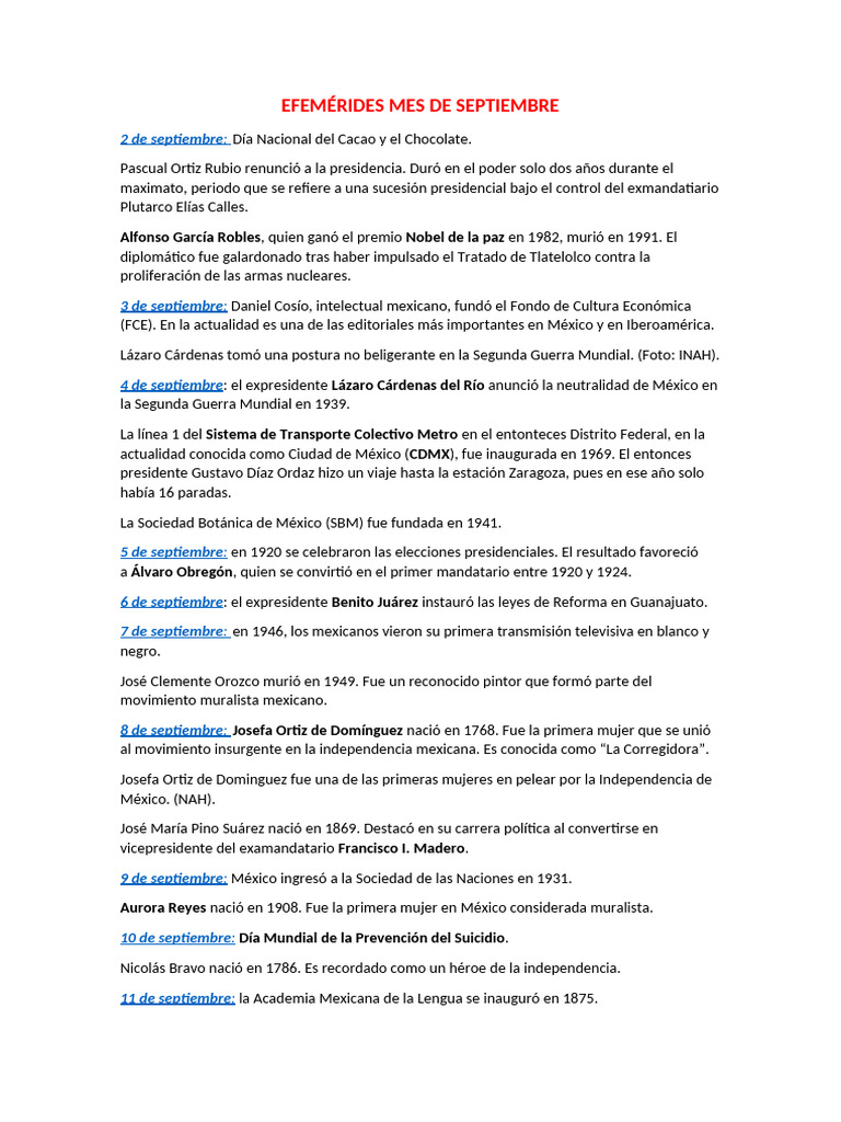 Efemérides Mes de Septiembre | PDF | México | Ciudad de México
