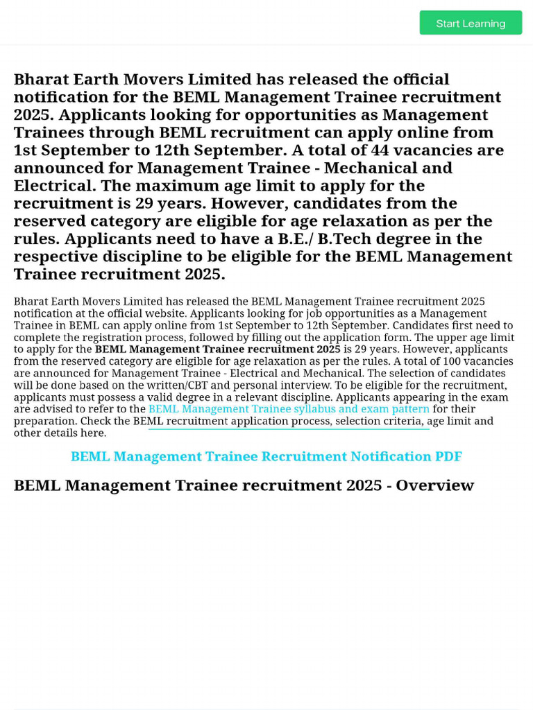 BEML Management Trainee Recruitment 2025exam Info | PDF