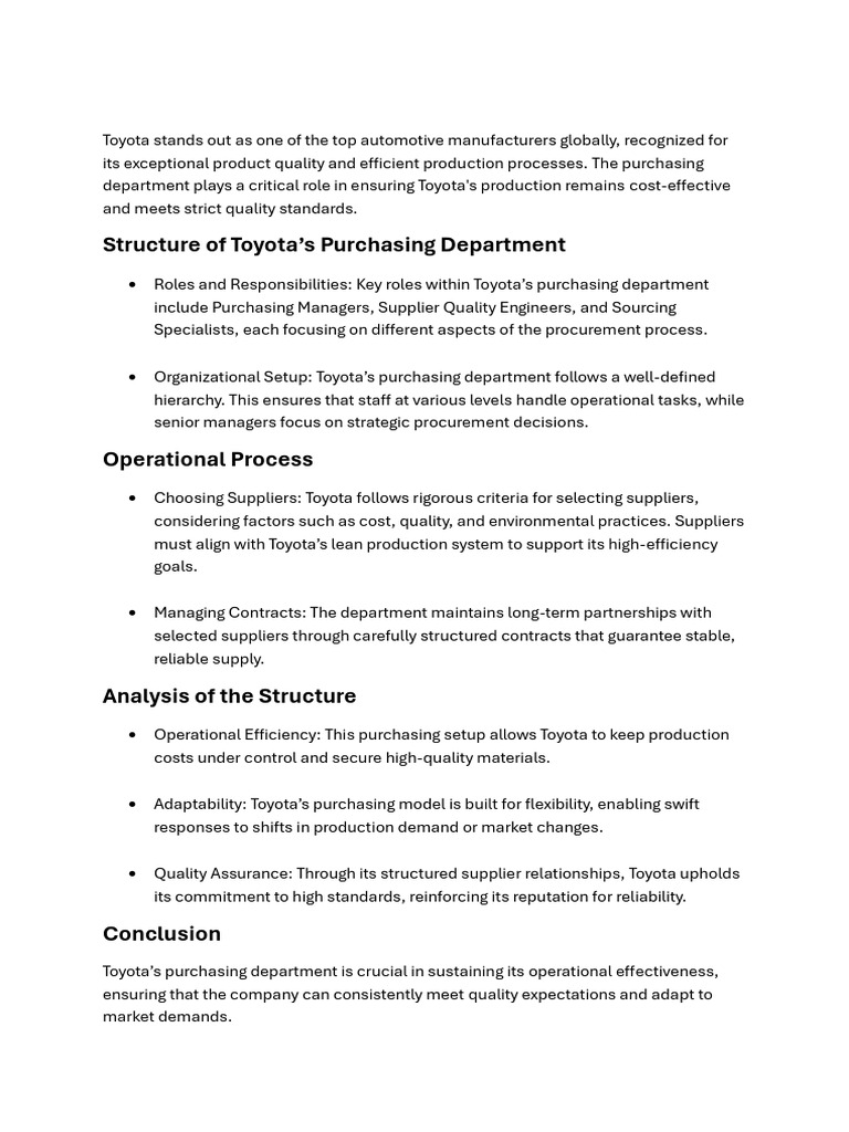 Toyota Purchasing Department Overview | PDF