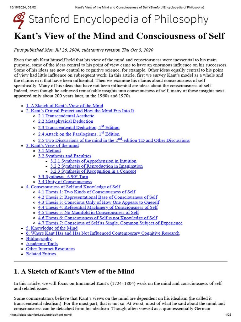 Kant's View of The Mind and Consciousness of Self (Stanford ...