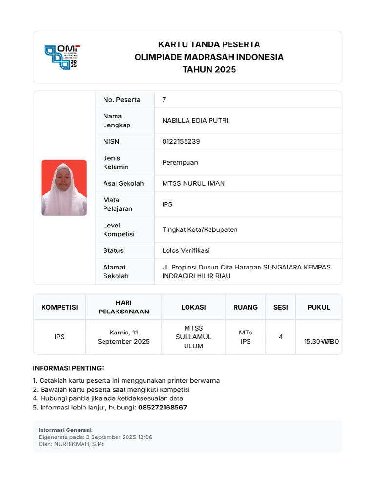 Kartu Peserta Khansa Dhiya 2025 09 03 | PDF