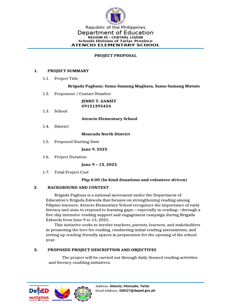 Brigada Pagbasa Project Proposal | PDF | Learning