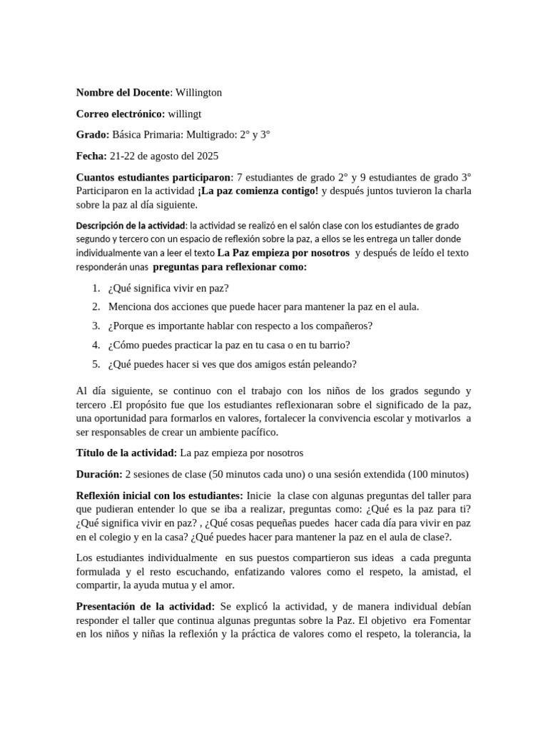 Actividad - Preguntas para Reflexionar - La Paz | PDF | Paz