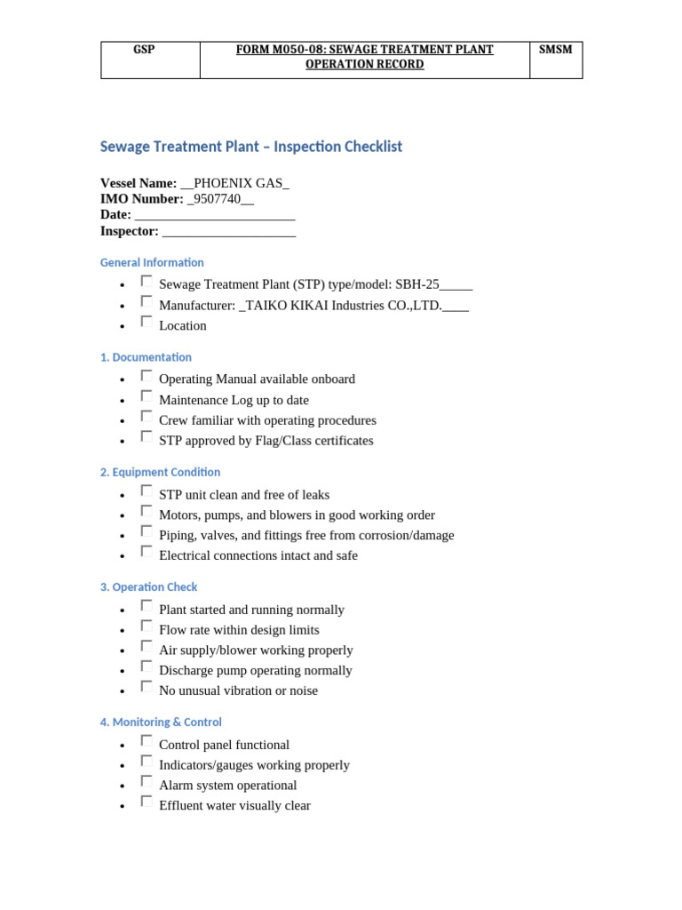 Sewage Treatment Plant Inspection Checklist | PDF | Sewage Treatment ...