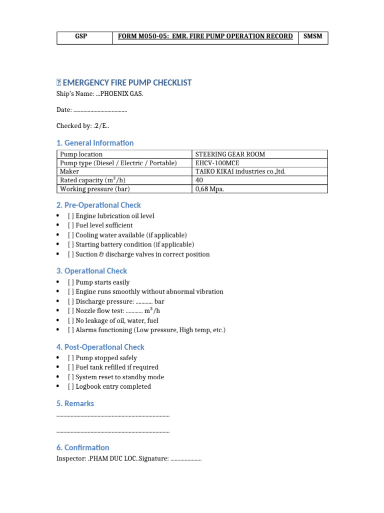 Emergency Fire Pump Checklist | PDF