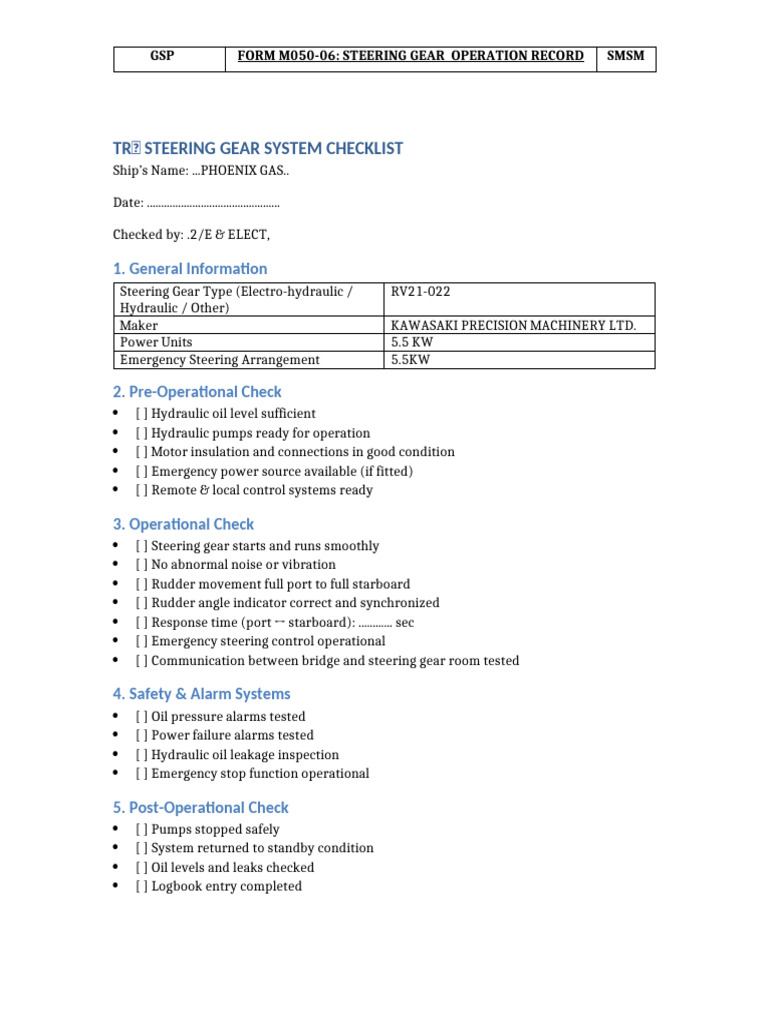 Steering Gear System Checklist | PDF