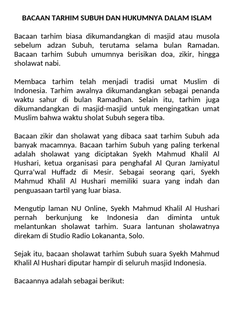 Bacaan Tarhim Subuh Dan Hukumnya Dalam Islam | PDF