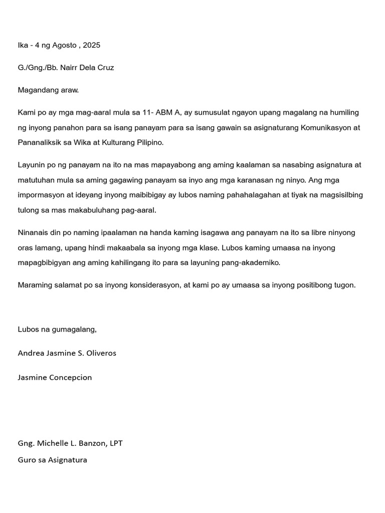 Liham Kahilingan para Sa Panayam - Docx - 20250806 - 203829 - 0000 | PDF