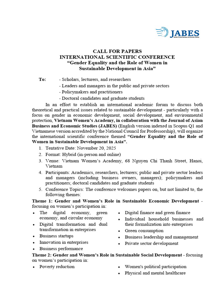 Gender Equality Conference Call for Papers | PDF | Vietnam | Methodology