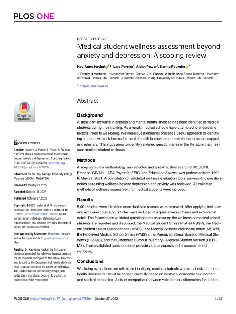 Medical Student Wellness Assessment Tools | PDF | Occupational Burnout ...