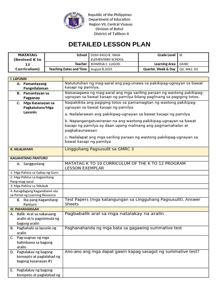 SUMMATIVE-DLP-GoodMannersRC3-Q2 - WK2 - D5 | PDF
