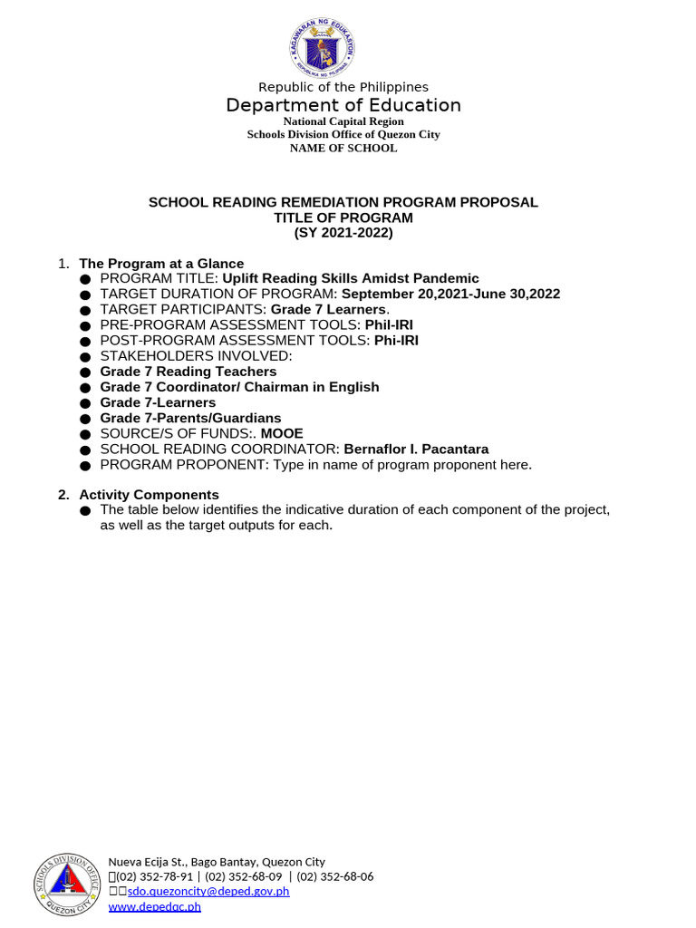 Reading Skills Remediation Program Proposal | PDF | Learning | Reading ...