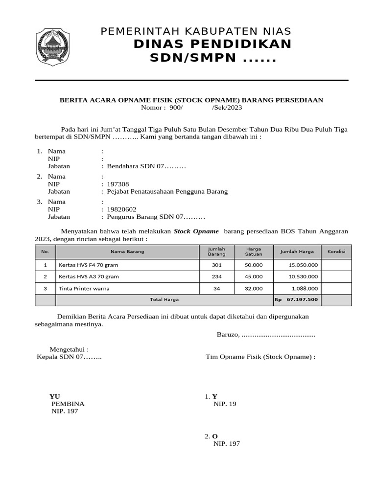 Berita Acara Stock Opname Barang BOS 2023 | PDF