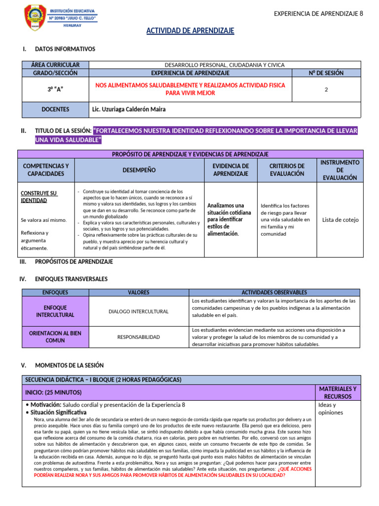 Actv2 - Exp8 - 3° | PDF | Aprendizaje | Evaluación