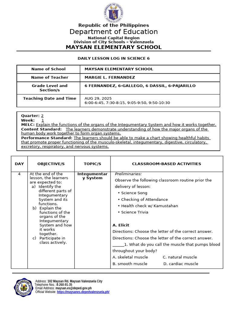 Integumentary System Lesson Plan | PDF | Muscle | Integumentary System