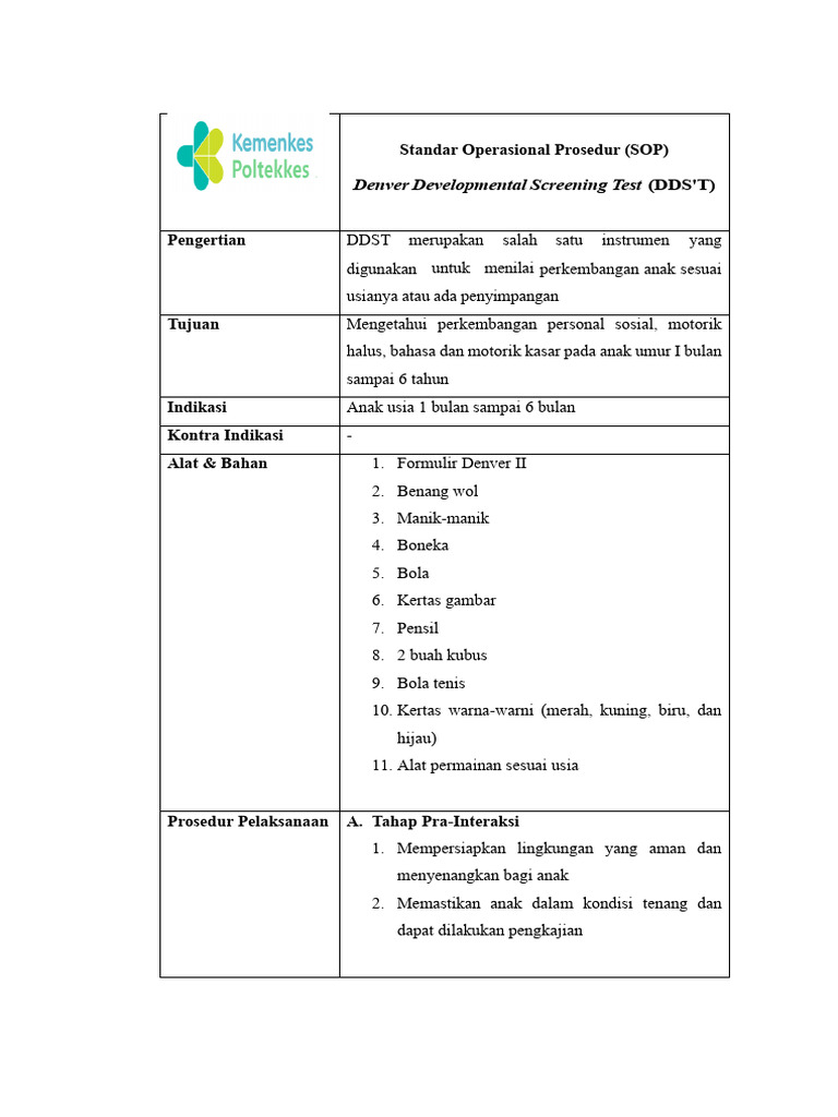 SOP Denver Developmental Screening Test (DDS'T) | PDF