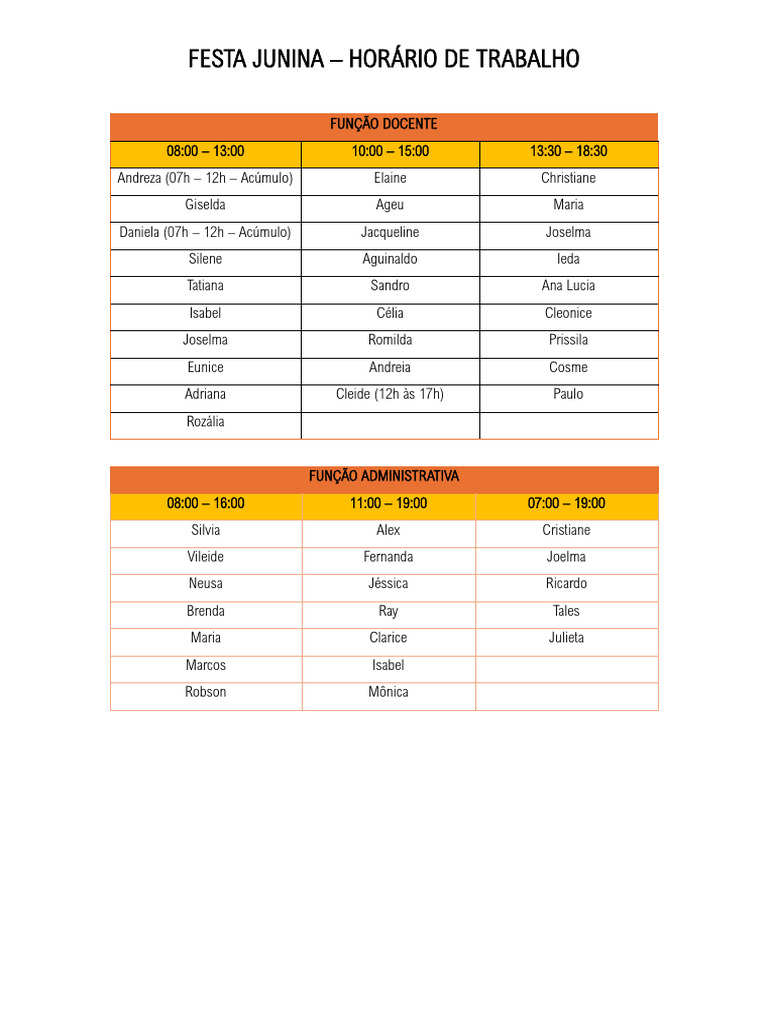 HORÁRIO DE TRABALHO - FESTA JUNINA | PDF