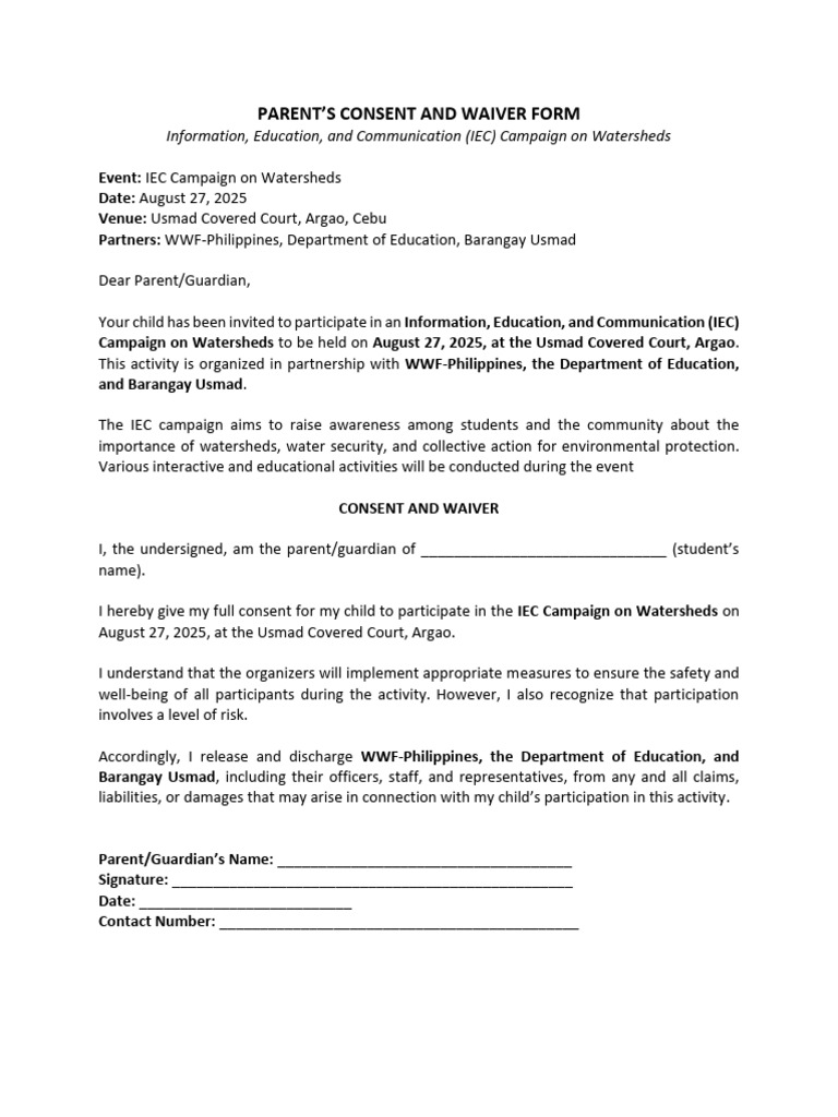 Parents Consent and Waiver Form | PDF