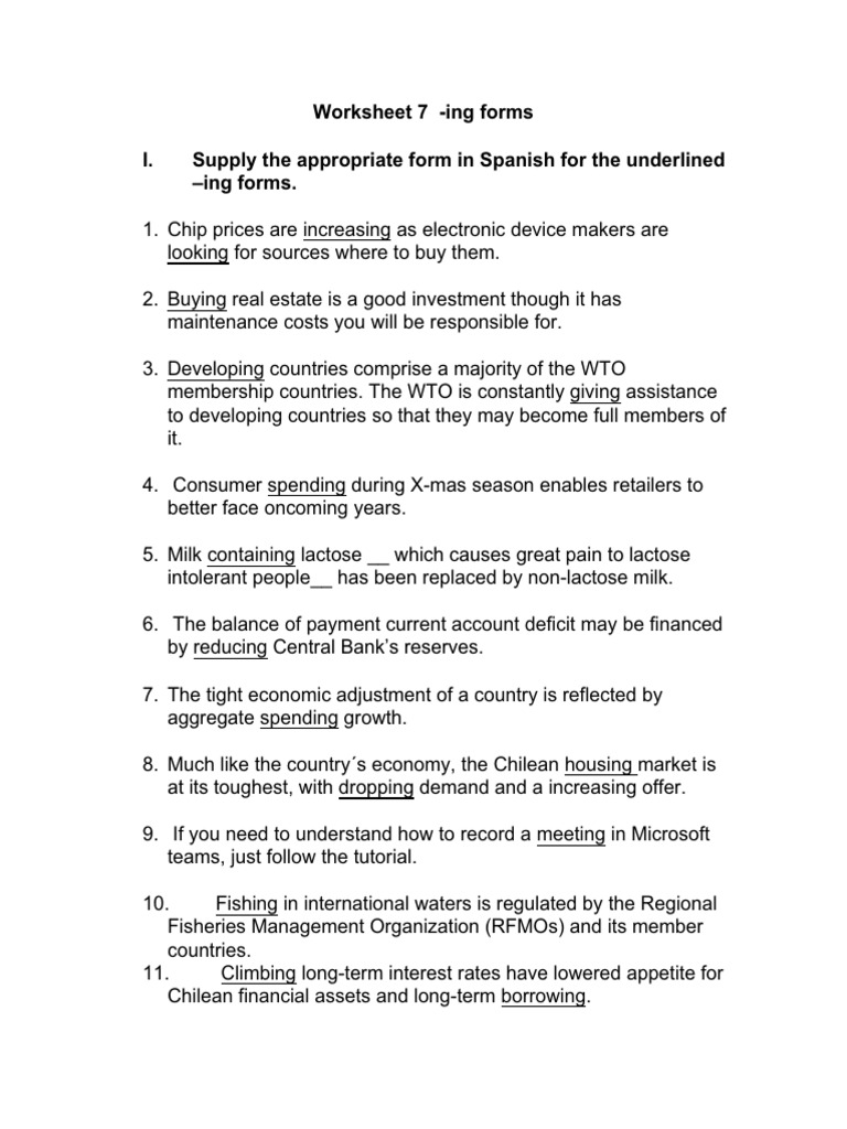 Worksheet 7 - Ing Forms I. Supply The Appropriate Form in Spanish For ...